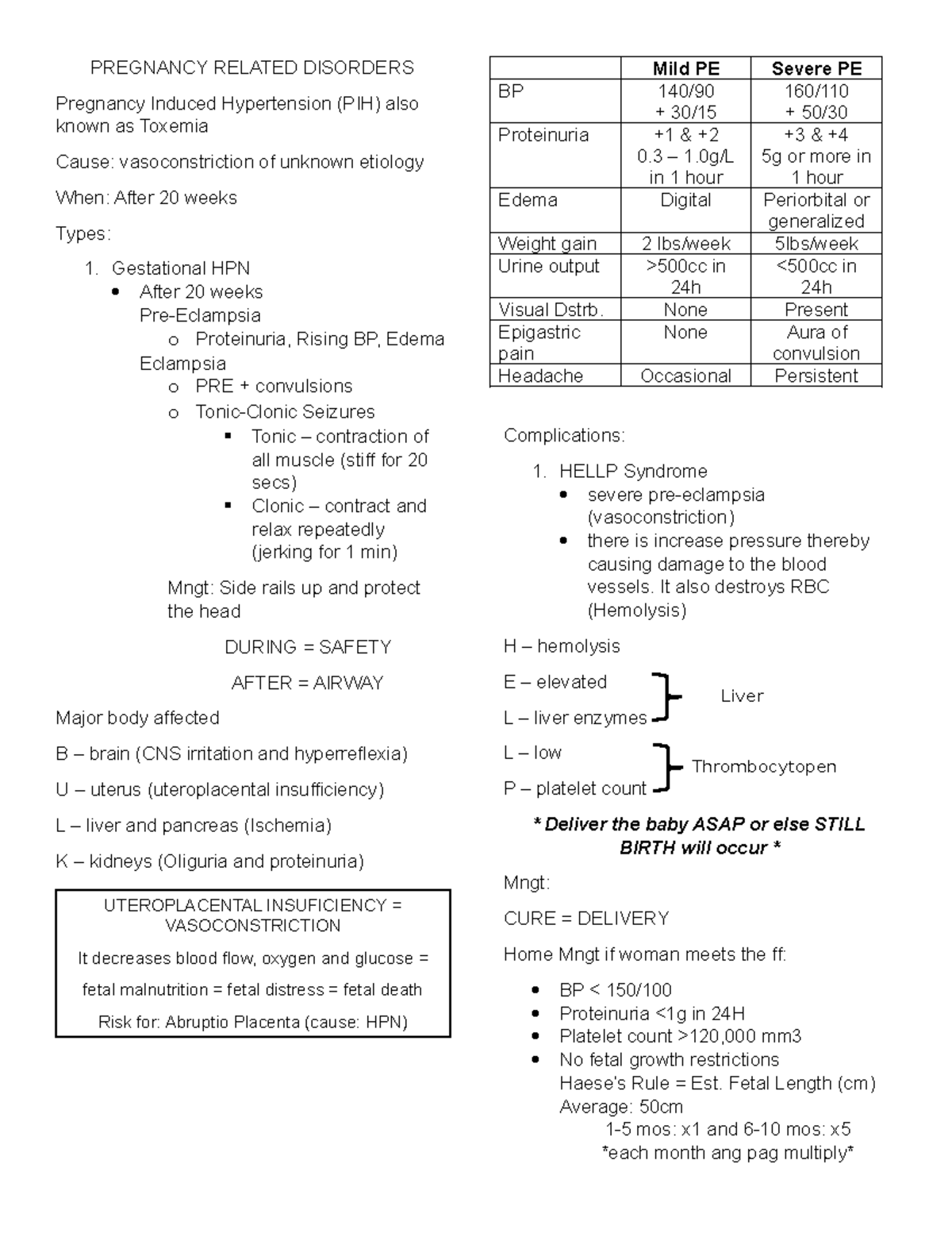 OB - Notes only - PREGNANCY RELATED DISORDERS Pregnancy Induced ...
