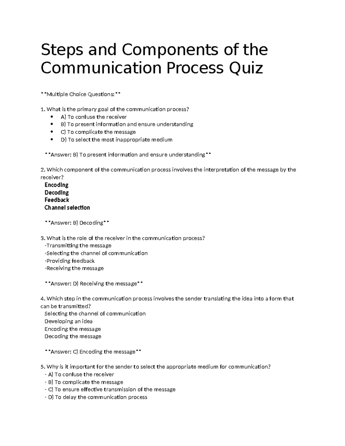 ENG102 - Quiz on Steps and Components of the Communication Process ...