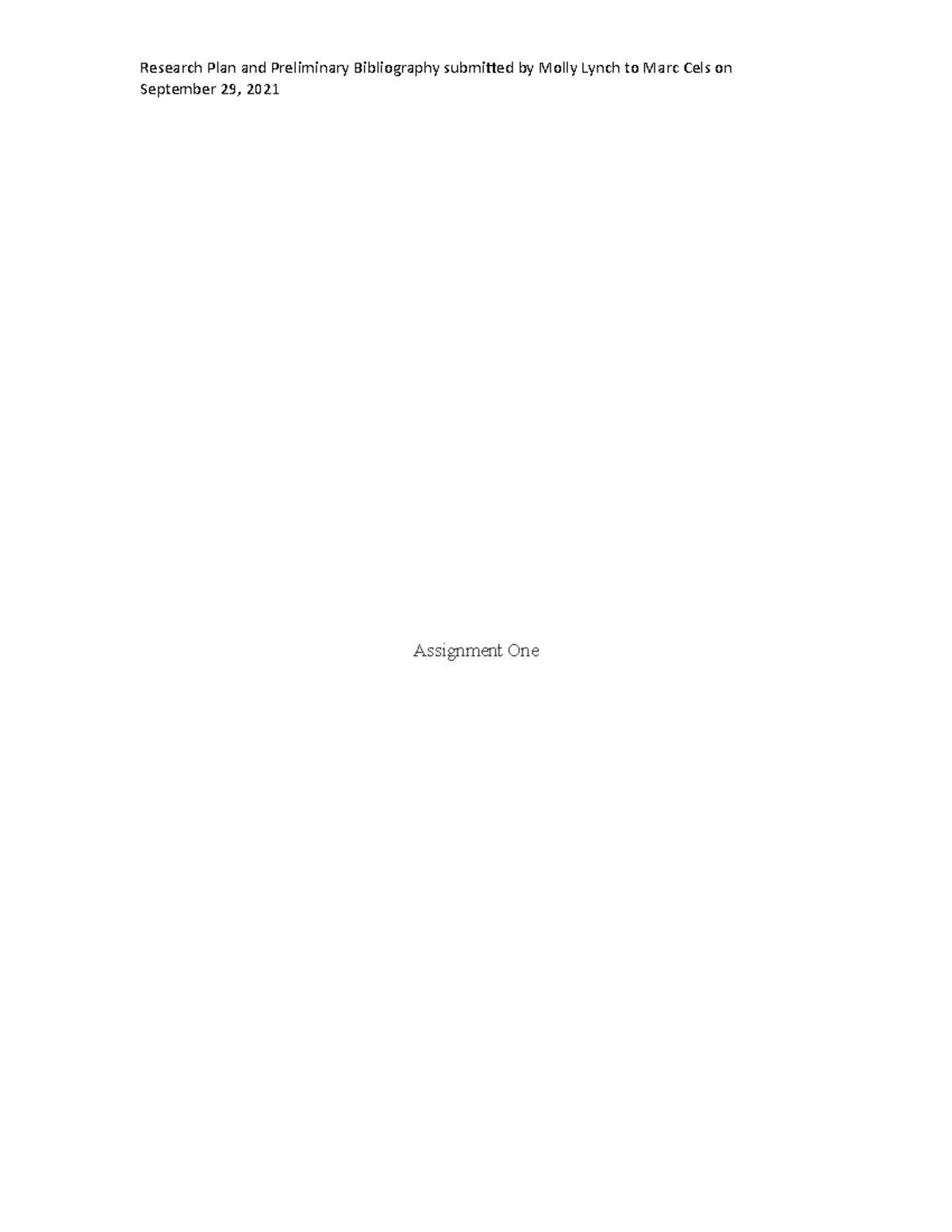 Assignment One Research Plan and Preliminary Bibliography - September ...