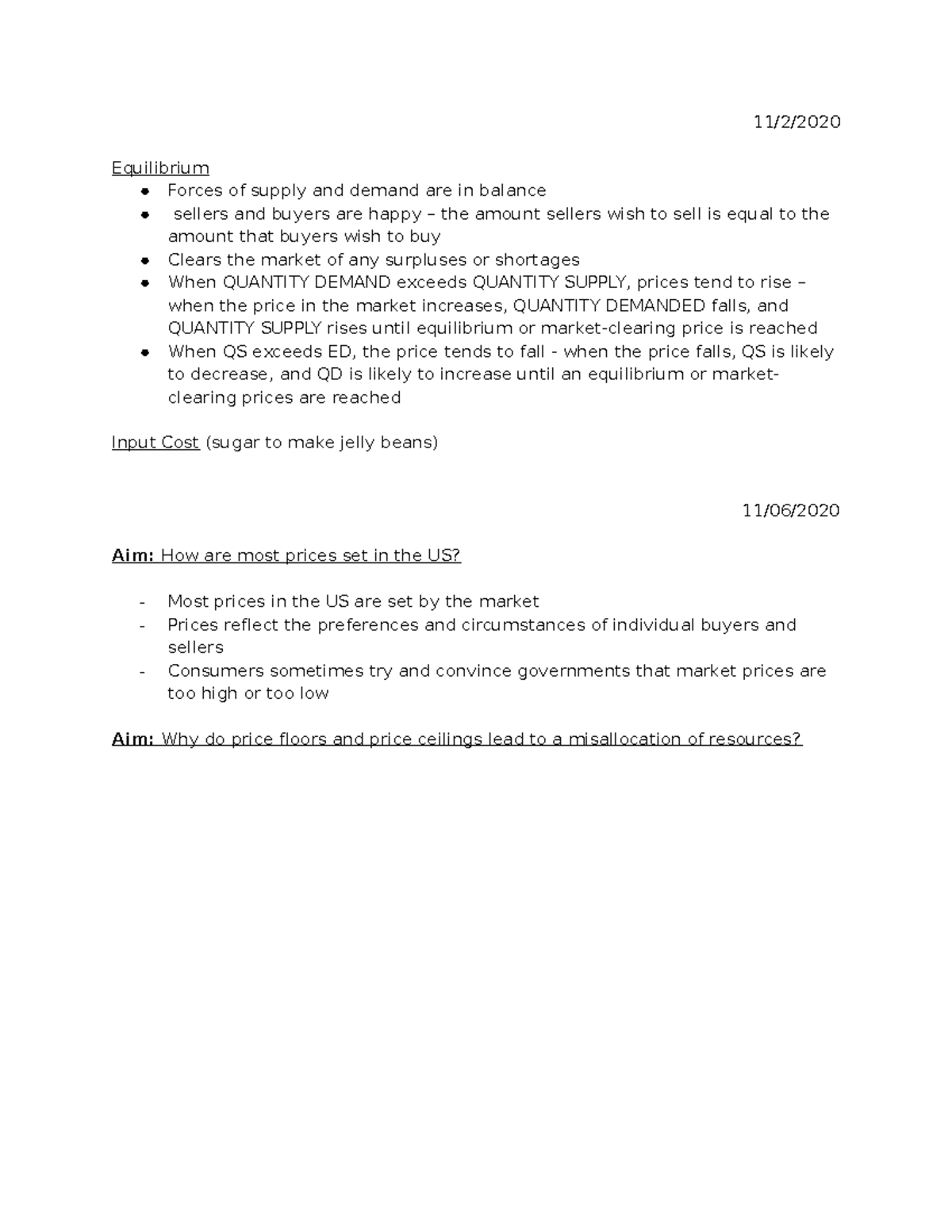 AP MACROECONOMICS November Notes - 11/2/ Equilibrium Forces of supply ...