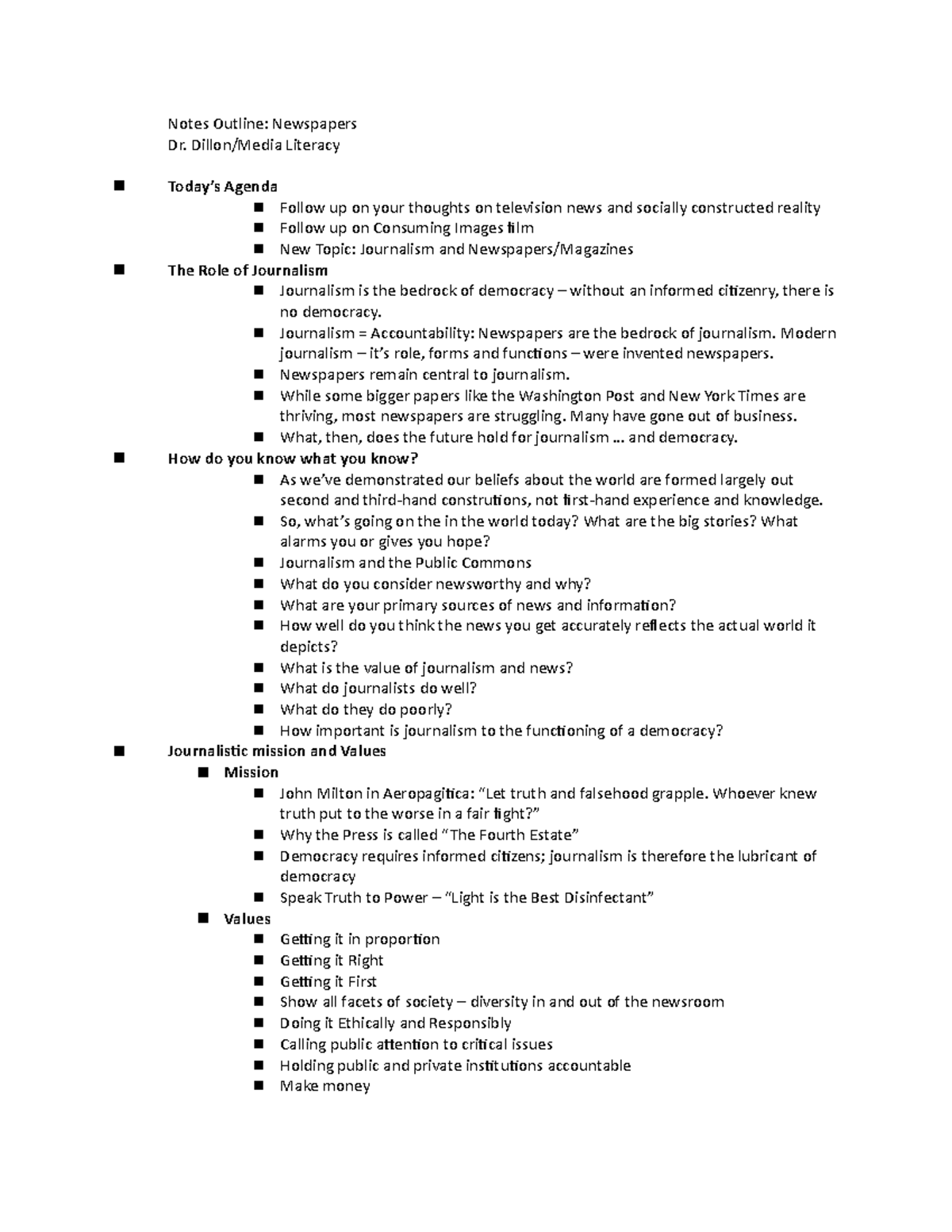 Revised 9-16-Notes Outline - Newspapers Fall 2019 - Notes Outline ...
