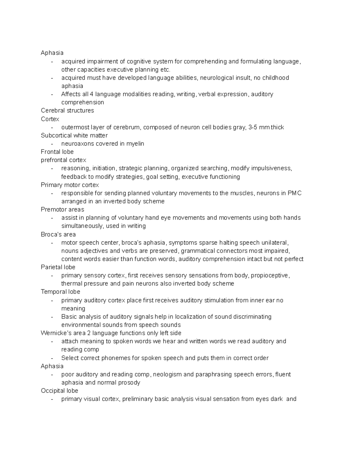 Neuro - notes from the whole class - Aphasia - acquired impairment of ...