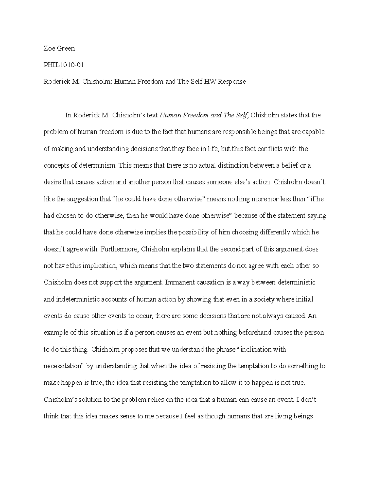 Roderick M. Chisholm Human Freedom and The Self HW Response - Zoe Green ...