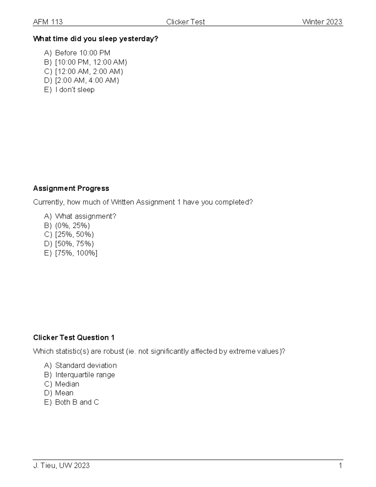 AFM 113 Clicker - Day 7 - fewfew - AFM 113 Clicker Test Winter 2023 J ...