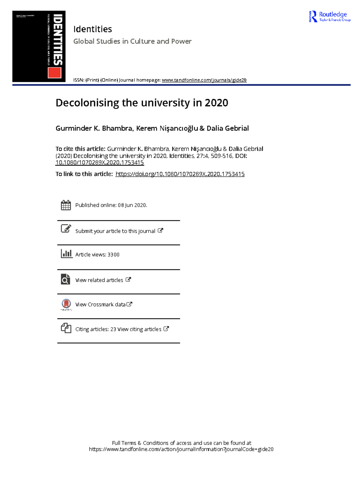 Decolonising the university in 2020 - Full Terms & Conditions of access ...
