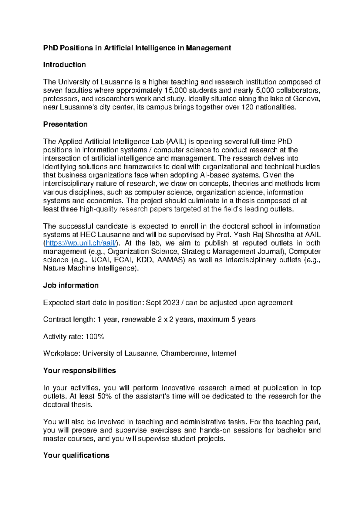 Ph D Positions In Ai In Management University Of Lausanne Prof
