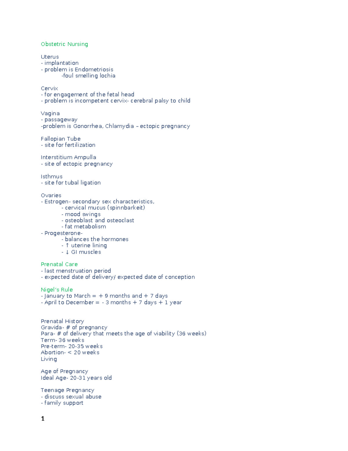 Notes on OB - Obstetric Nursing Uterus implantation problem is ...