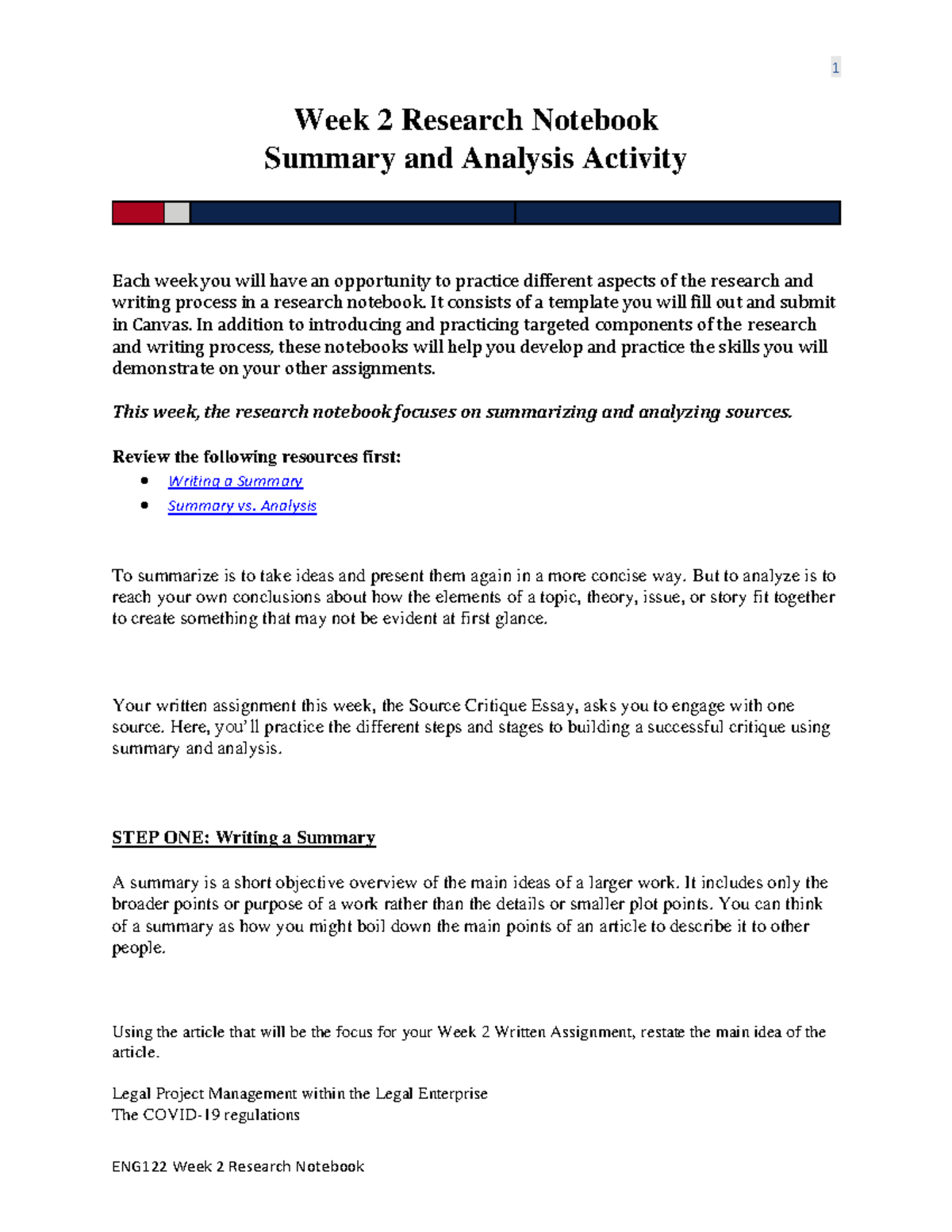 ENG122 Week 2 Research Notebook - Week 2 Research Notebook Summary and Analysis Activity Each ...