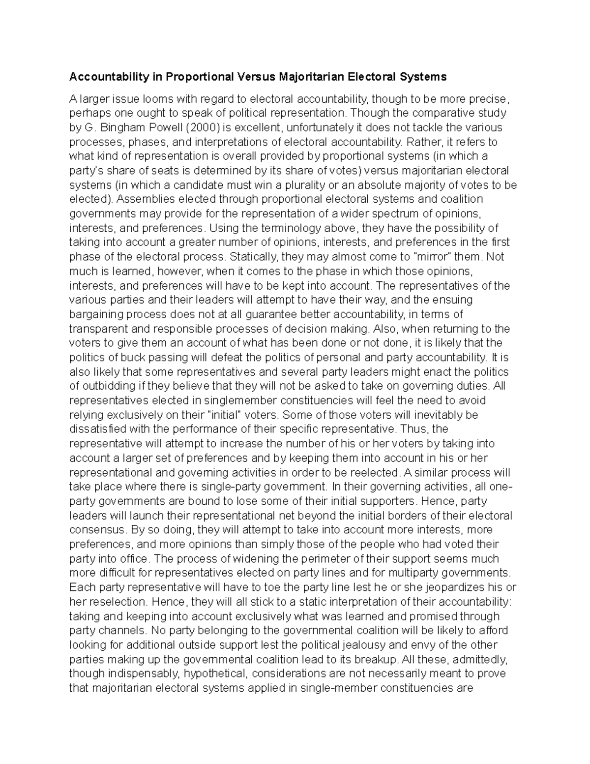 Accountability in Proportional Versus Majoritarian Electoral Systems ...