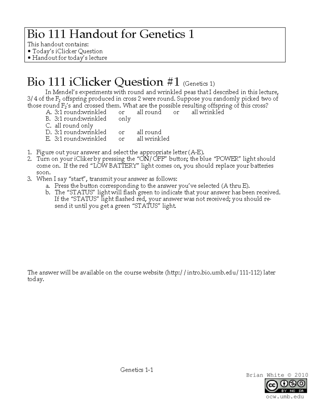 Biology: Genetics - Bio 111 Handout for Genetics 1 This handout ...