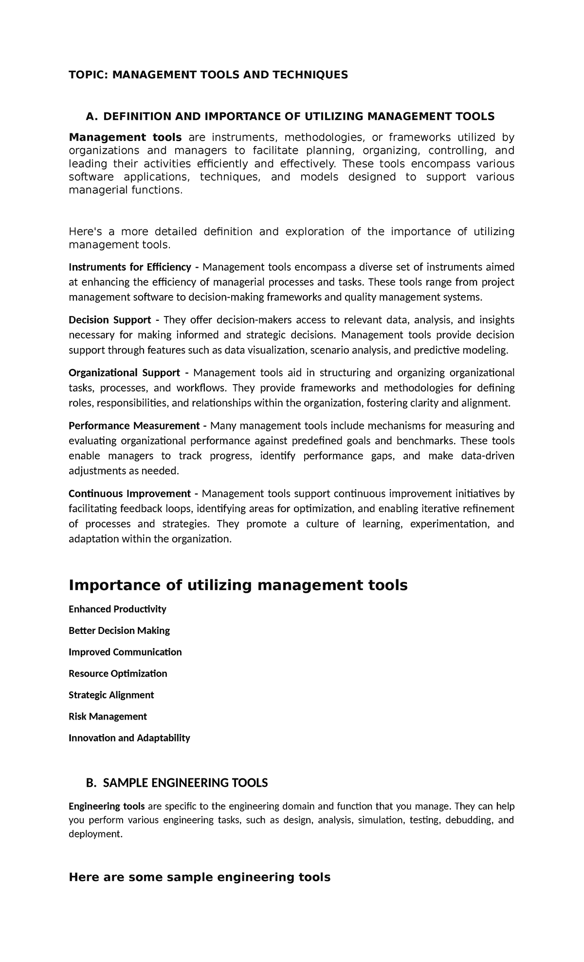 Definition and importance Engineering tools - TOPIC: MANAGEMENT TOOLS ...