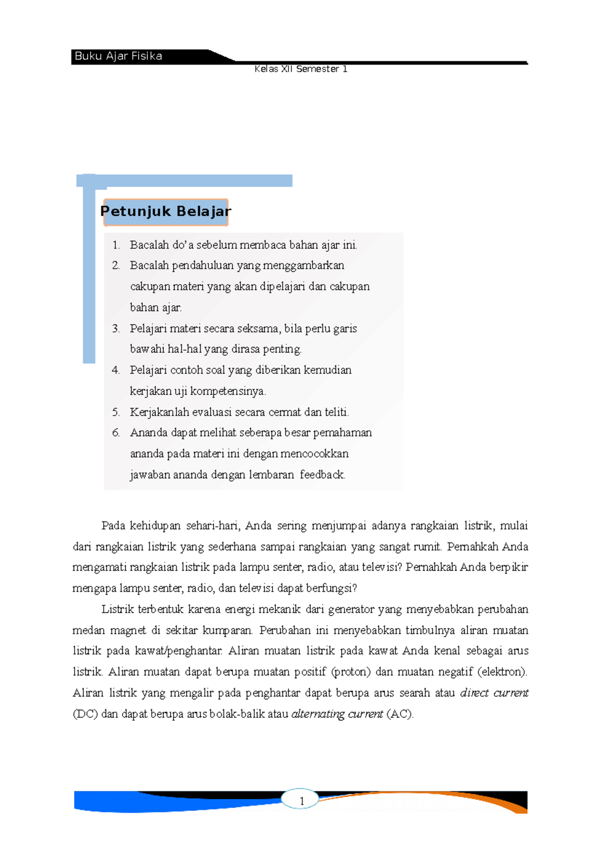Bahan ajar listrik searah - Petunjuk Belajar Kelas XII Semester 1 Pada kehidupan sehari-hari ...