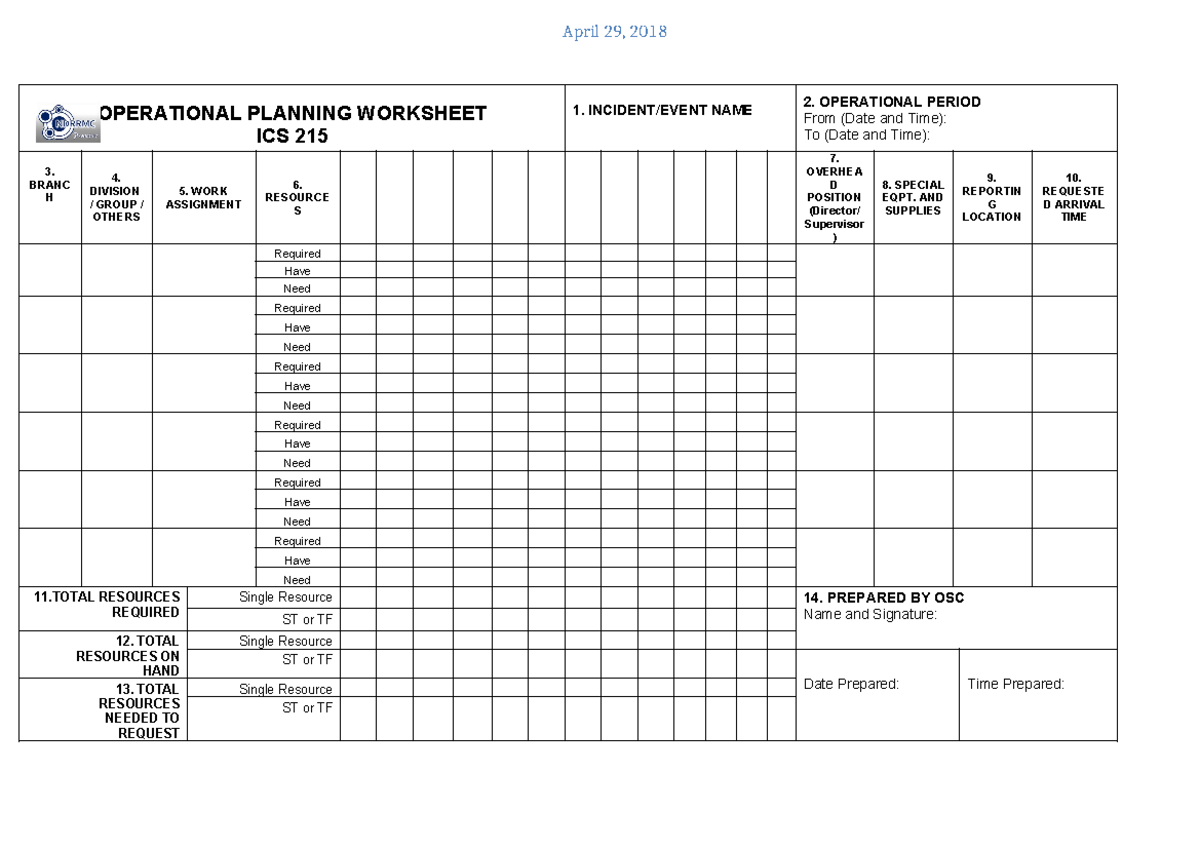 ICS 215 - Incident Command System Sample Form 215 - April 29, 2018 ...