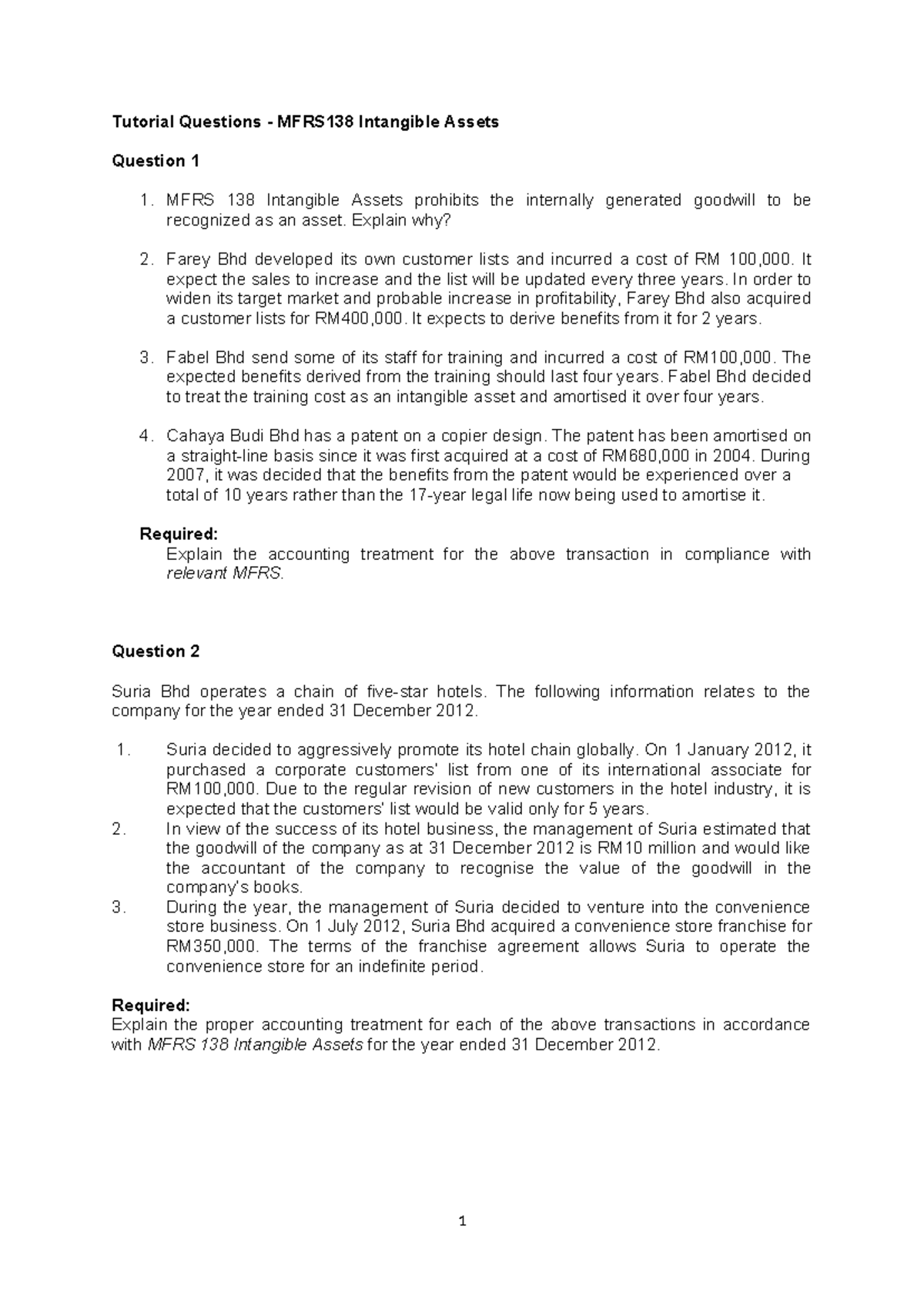 Tutorial Question IA - Tutorial Questions - MFRS138 Intangible Assets ...