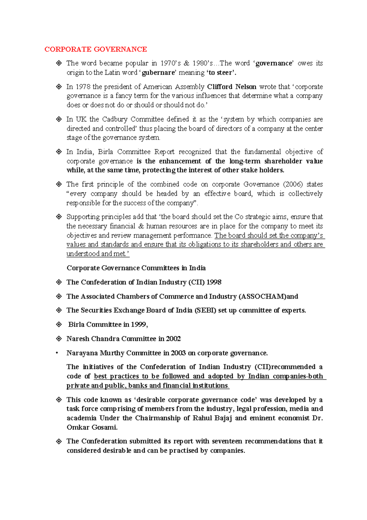 UNIT - 1 - Corporate Governance - CORPORATE GOVERNANCE The word became ...