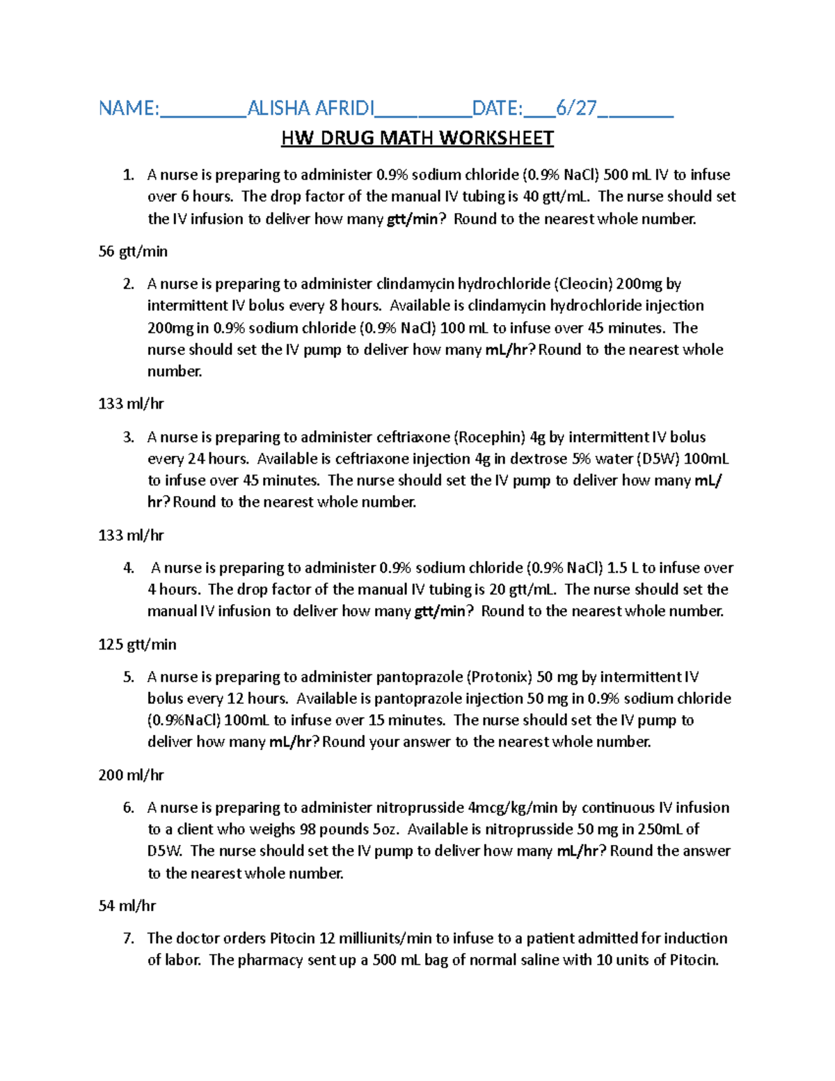 Drug math HW - drug math homework - NAME:____ALISHA AFRIDI_________DATE ...