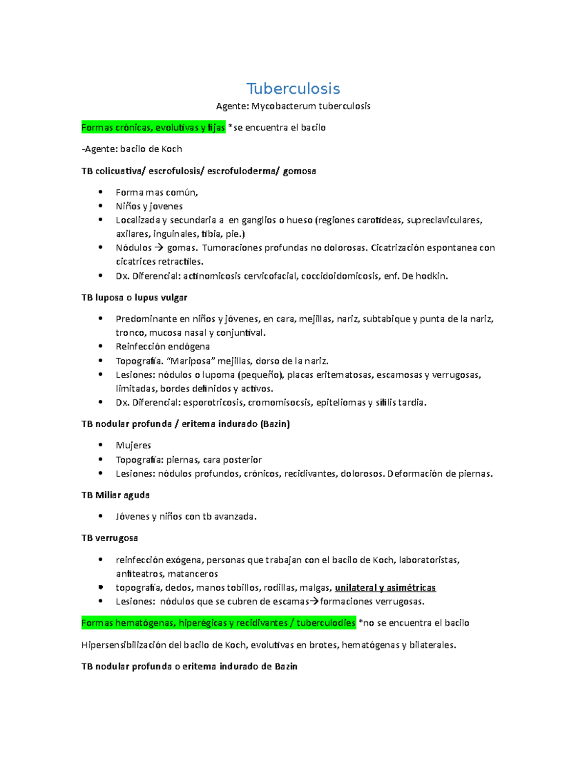 Derma - PRACTICEPRACTICE - Tuberculosis Agente: Mycobacterum ...