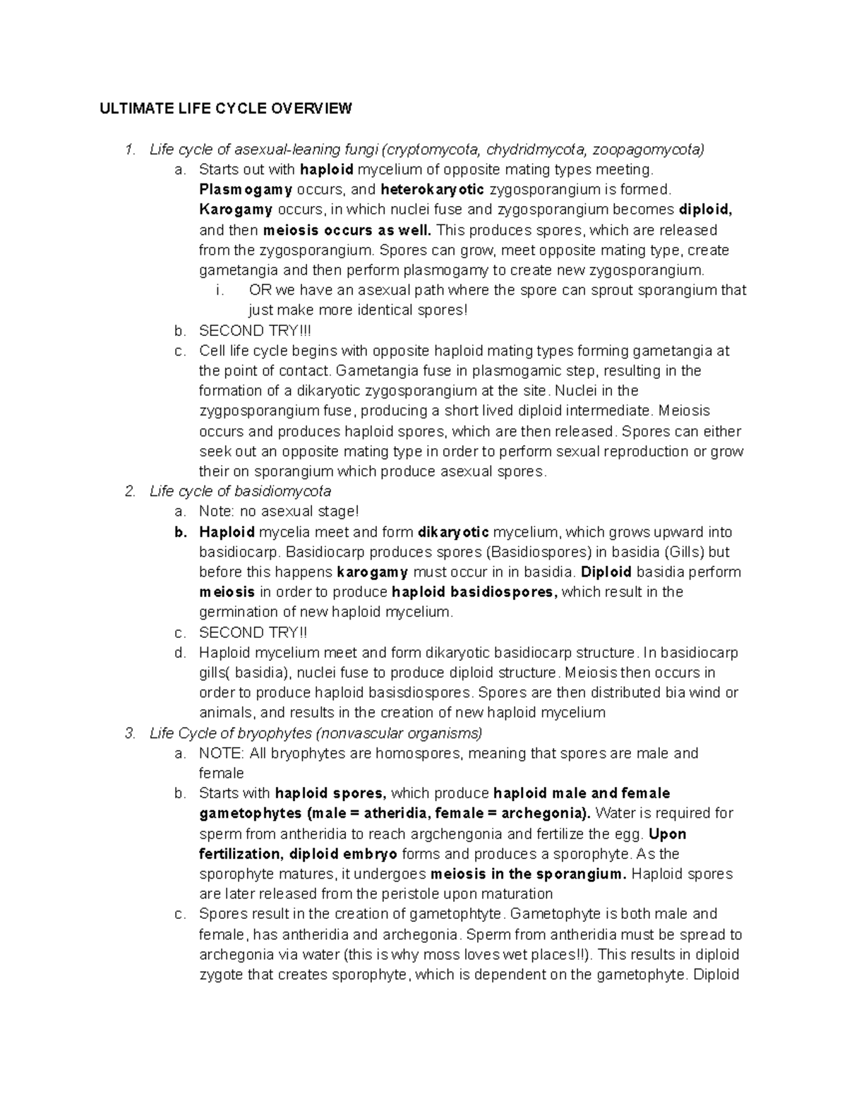 Midterm III Notes BIOL5B - ULTIMATE LIFE CYCLE OVERVIEW Life cycle of ...