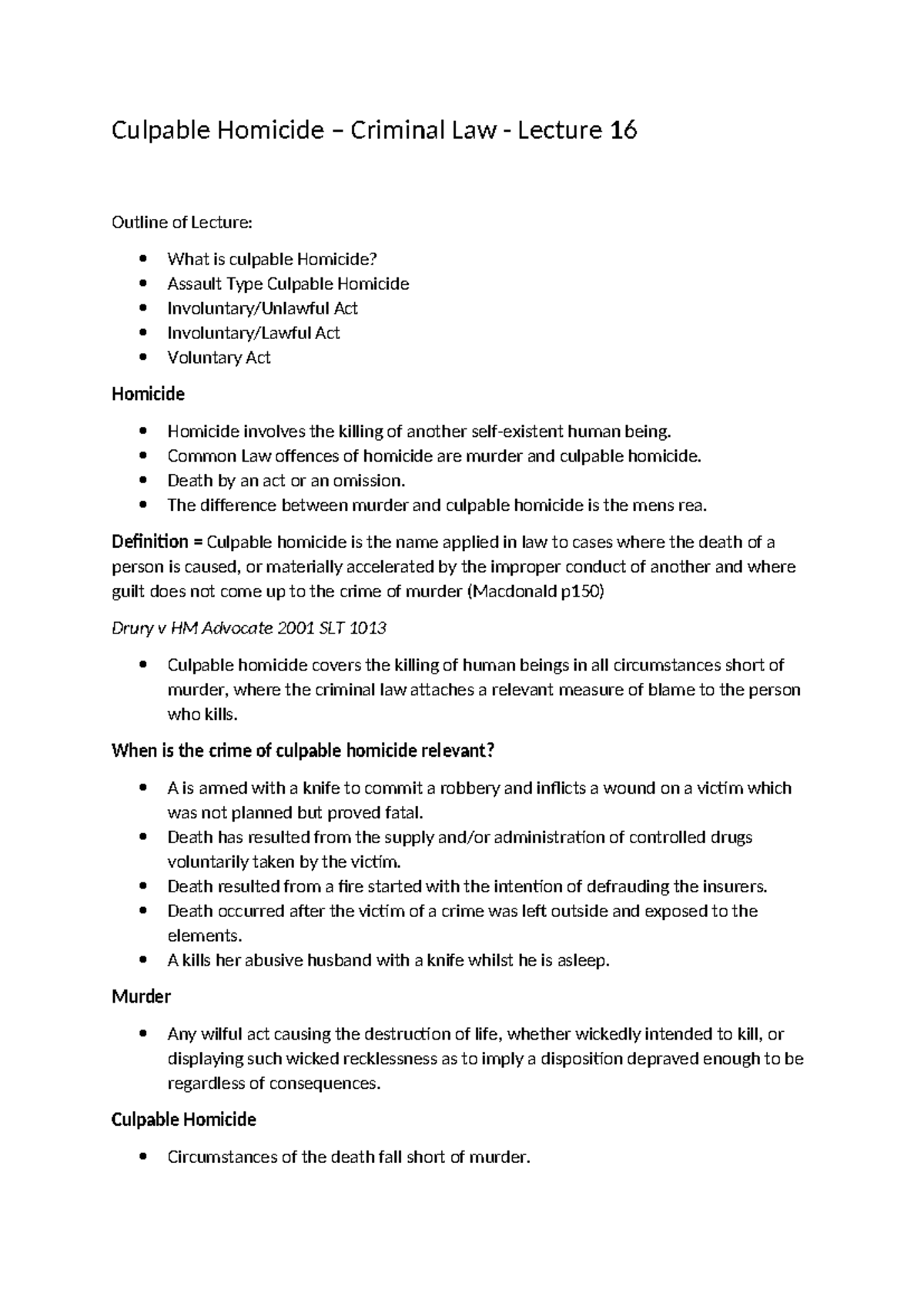 Culpable Homicide - Criminal Law - Lecture 16 - Common Law offences of ...