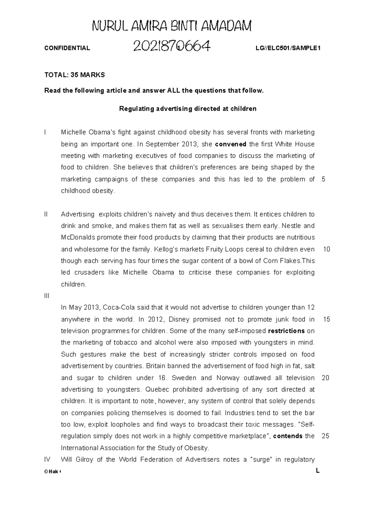 Exercise Elc sample - TOTAL: 35 MARKS Read the following article and ...