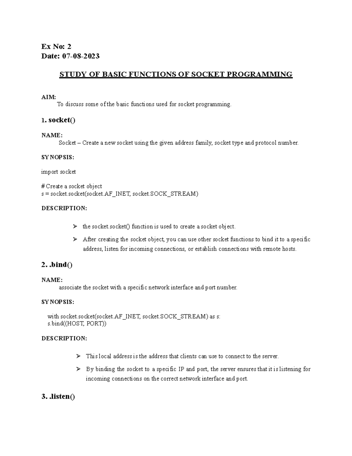 Exp-2 - Ex No: 2 Date: 07-08- STUDY OF BASIC FUNCTIONS OF SOCKET PROGRAMMING AIM: To discuss ...
