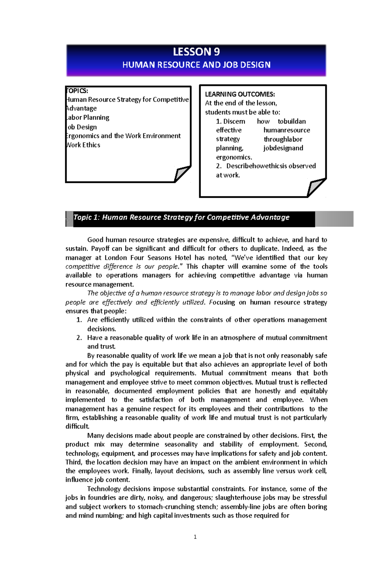 Lesson 9 Human Resource AND JOB Design forshare - TOPICS: Human ...