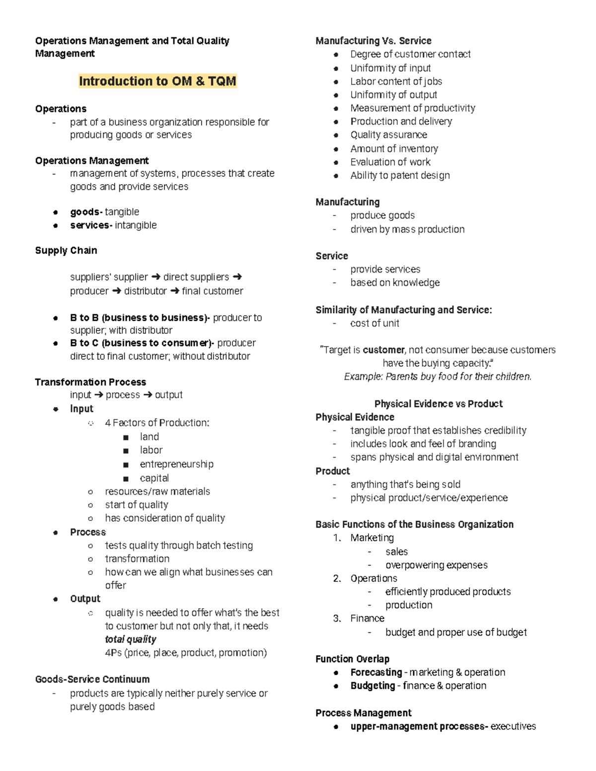 Operations Management and TQM - Operations Management and Total Quality Management Introduction ...