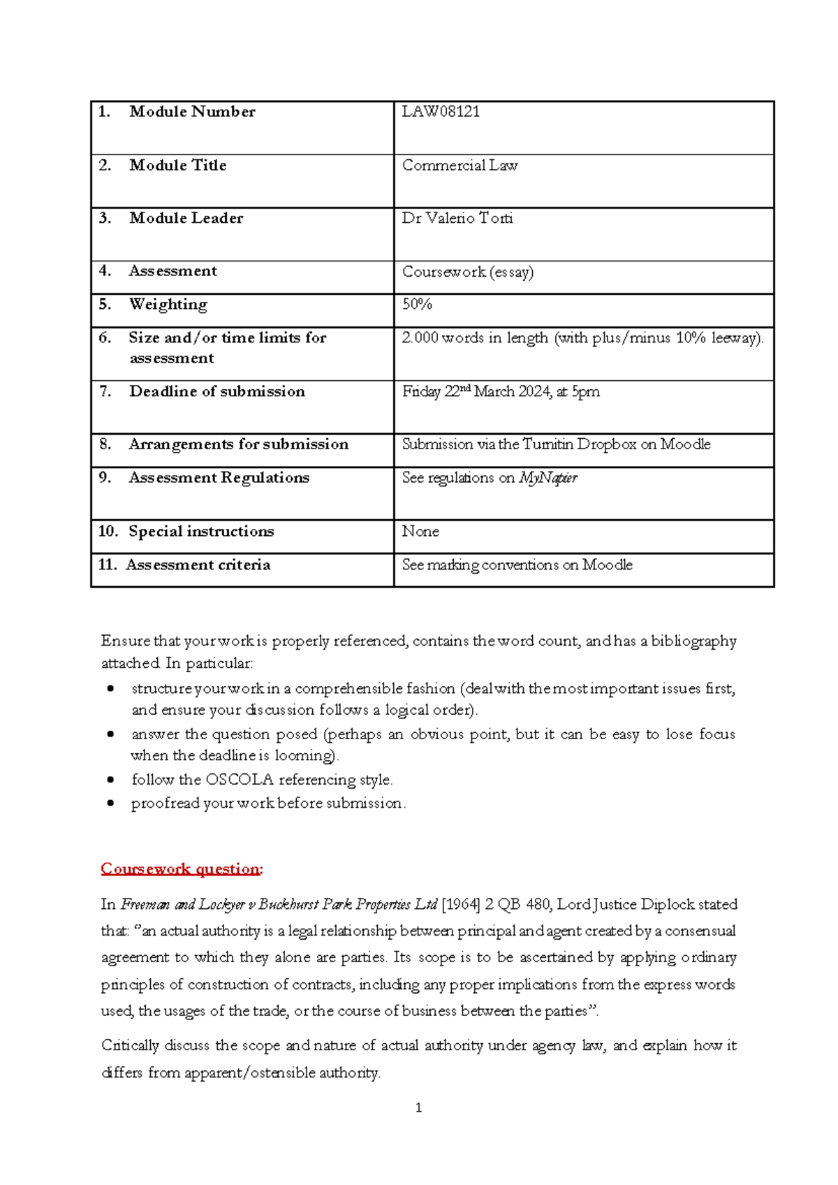 Commercial coursework question - 1 Module Number LAW0 8121 Module Title ...