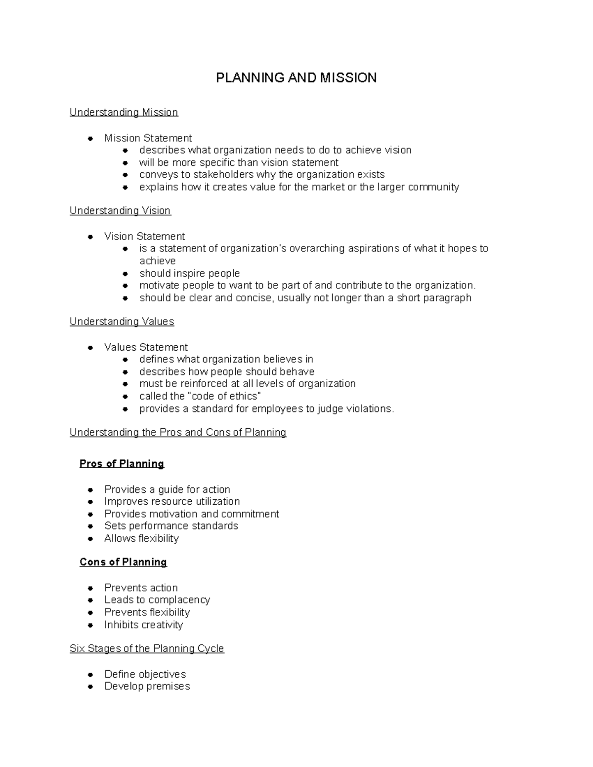 BUS 200 Notes Planning and Mission Part 1 - PLANNING AND MISSION ...