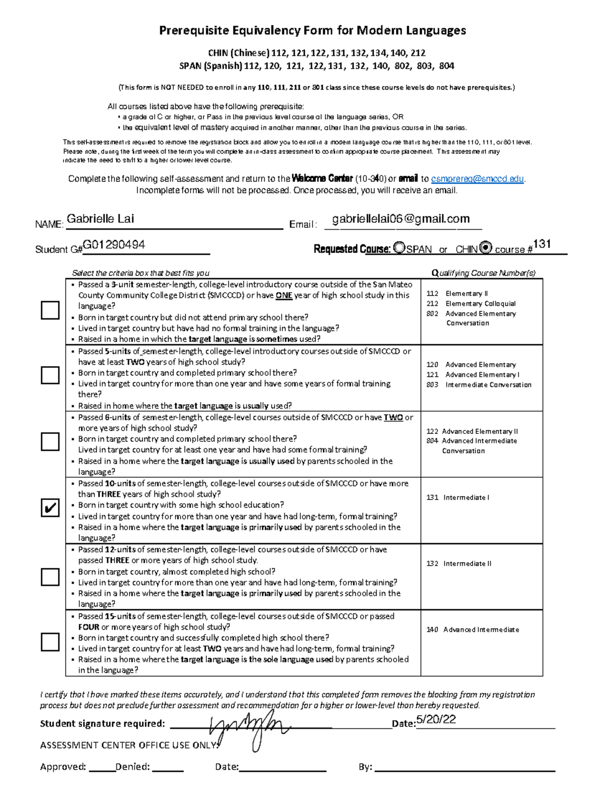 Prerequisite Equivalency Modern Language Form - Prerequisite ...
