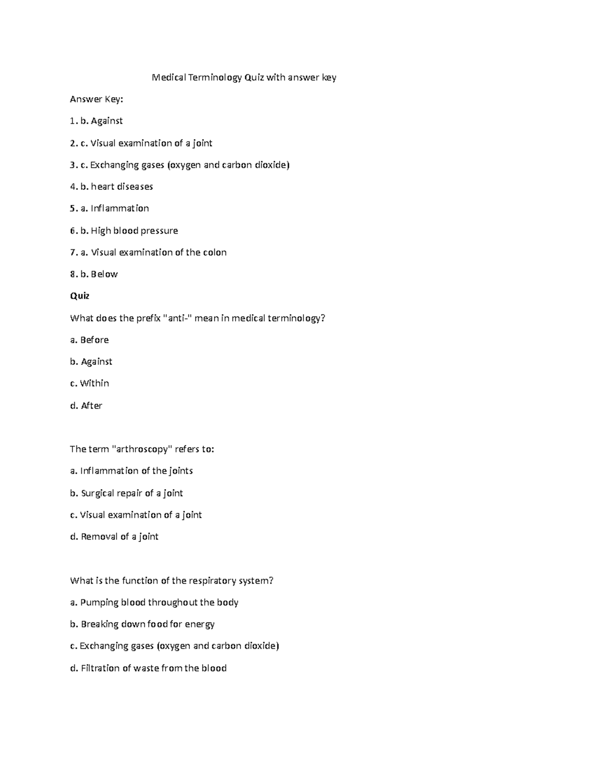 Medical Terminology Quiz with answer key - Against c. Visual ...