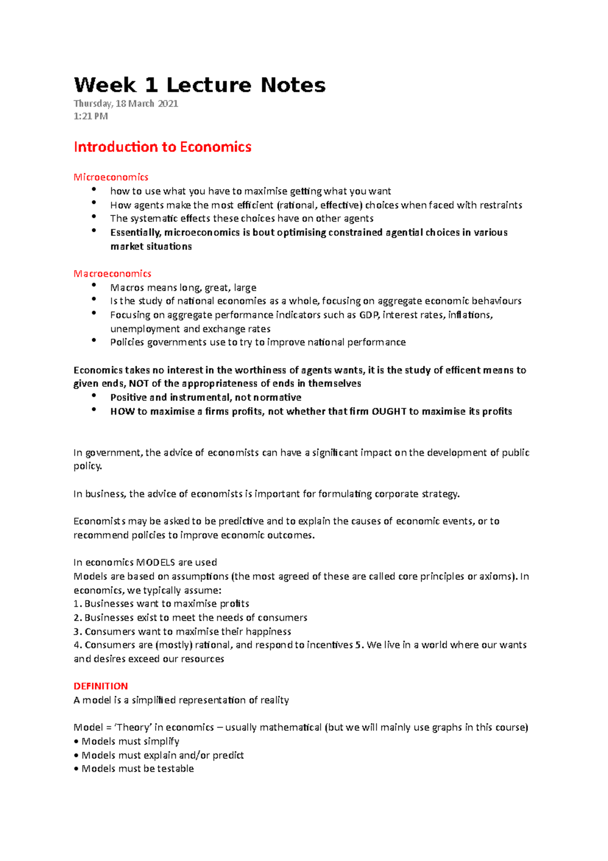 ECON1011 Lecture Notes Wk 1-3 - Week 1 Lecture Notes Thursday, 18 March ...