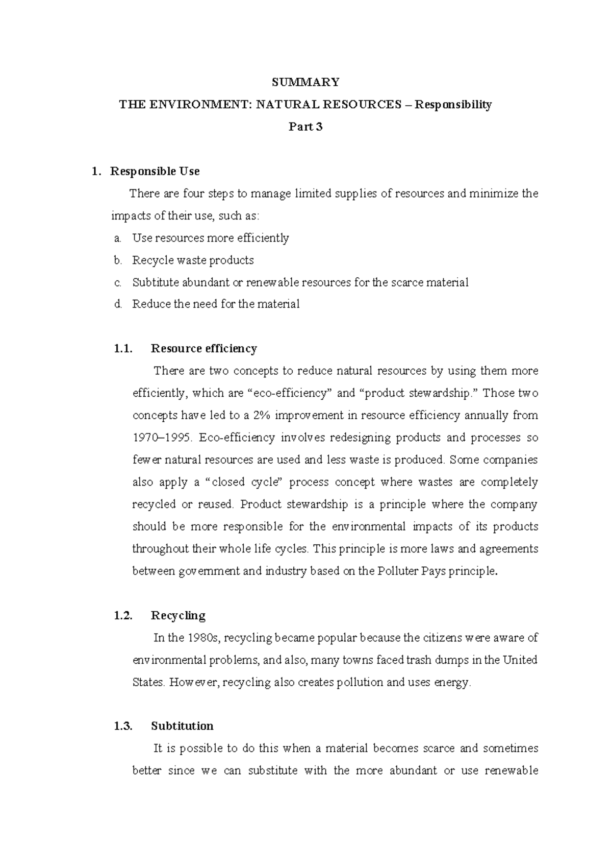 Global Issues - Natural Resources Responsibility Summary 3 - SUMMARY ...