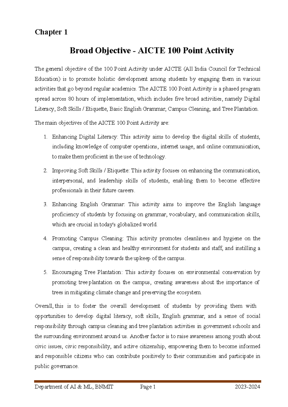 Report SS - AICTE ACTIVITY REPORT Chapter 1 Broad Objective - AICTE 100 ...