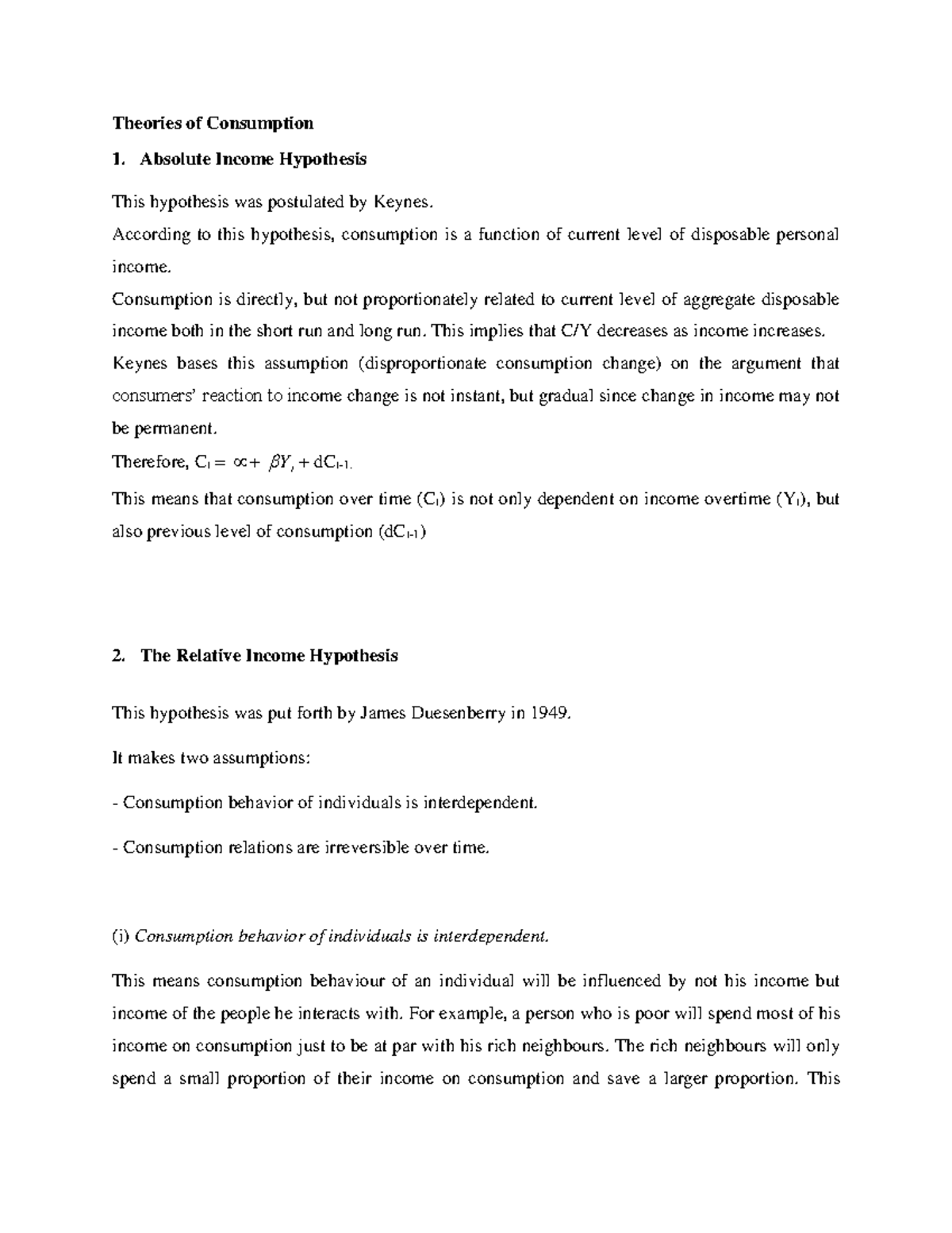 Lecture 5 - study notes - Theories of Consumption Absolute Income ...