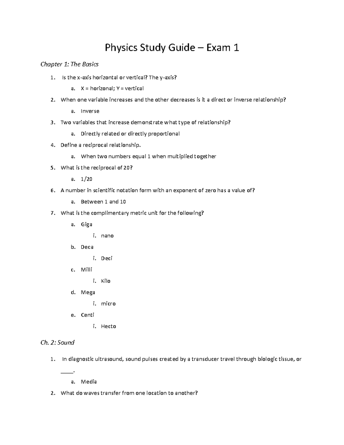 Physics Study Guide - Exam 1 - Ch 1 &2 - Physics Study Guide – Exam 1 ...