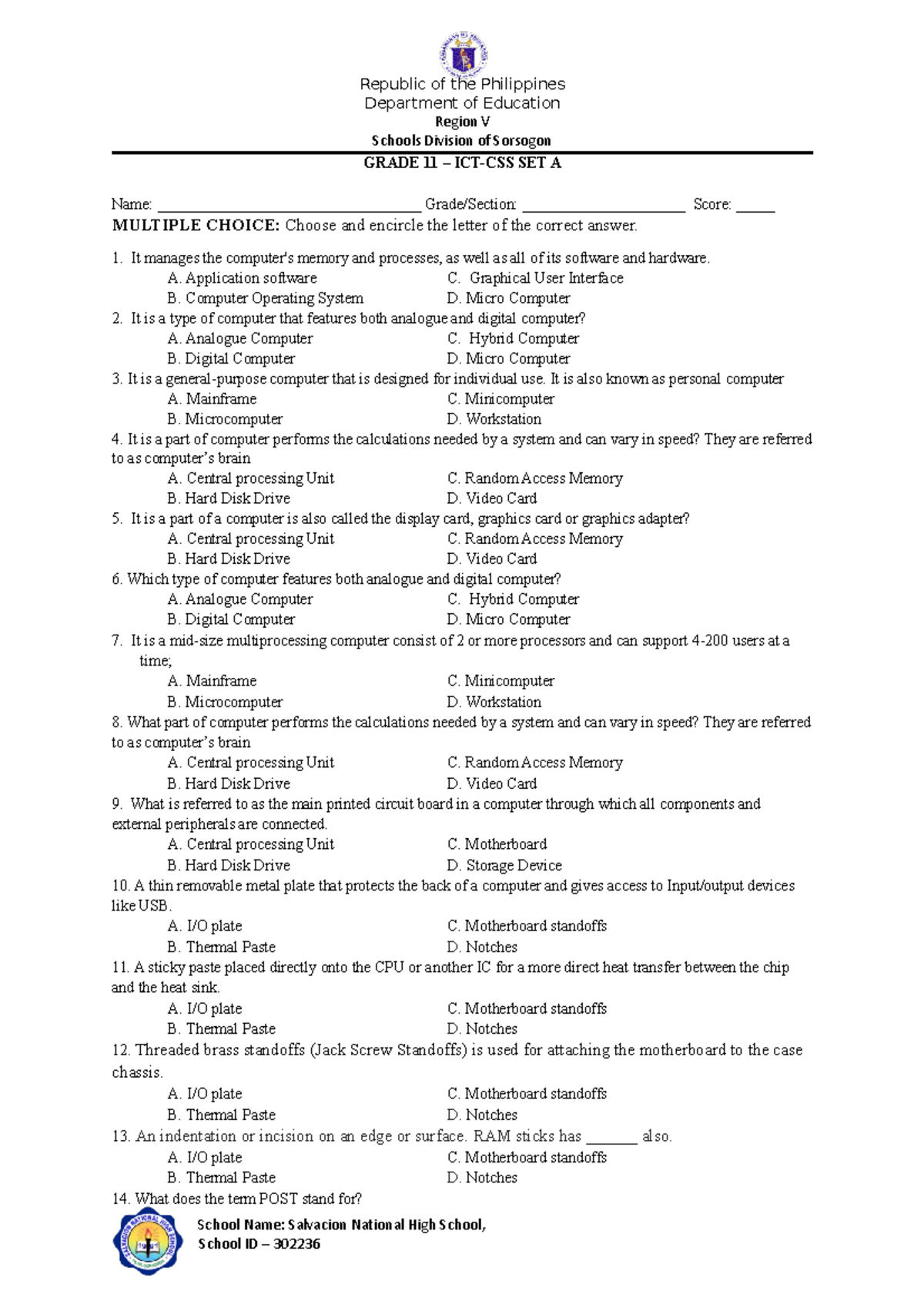 Grade 11 TEST 1ST Quarter - Department of Education Region V Schools ...