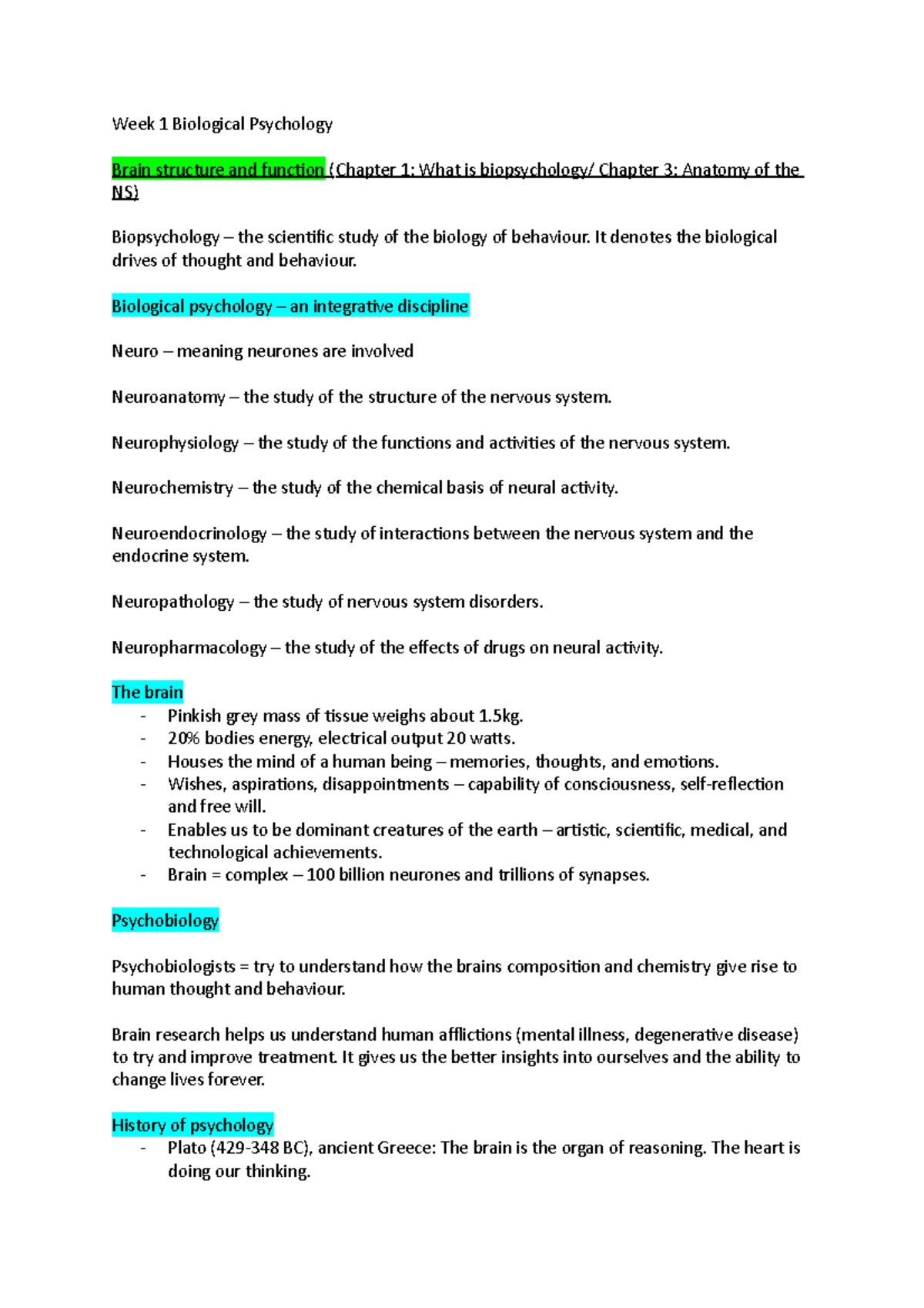 Week 1 Biological Psychology - Week 1 Biological Psychology Brain ...
