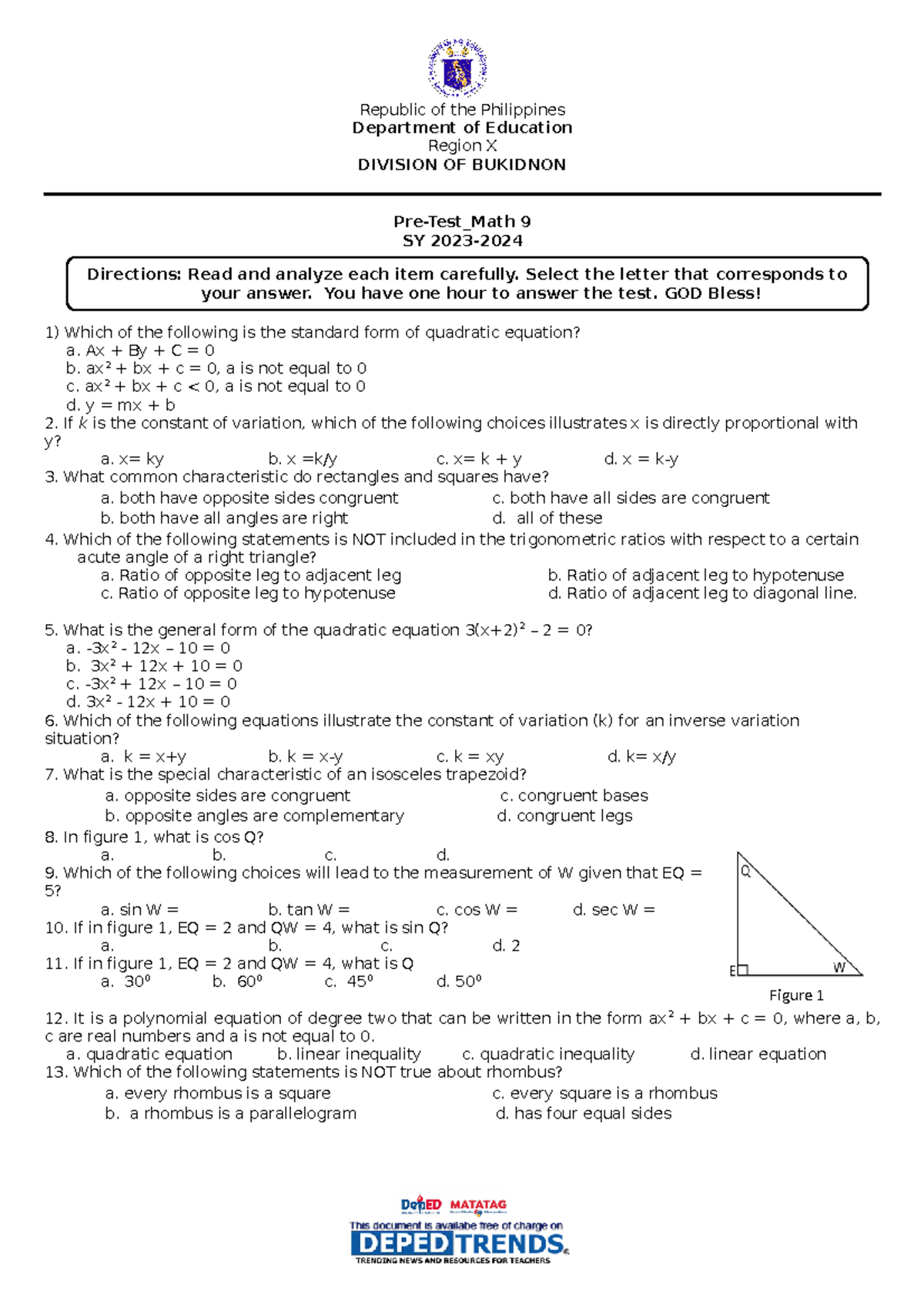 Math 9 pre test sy 2023-2024 - Republic of the Philippines Department ...