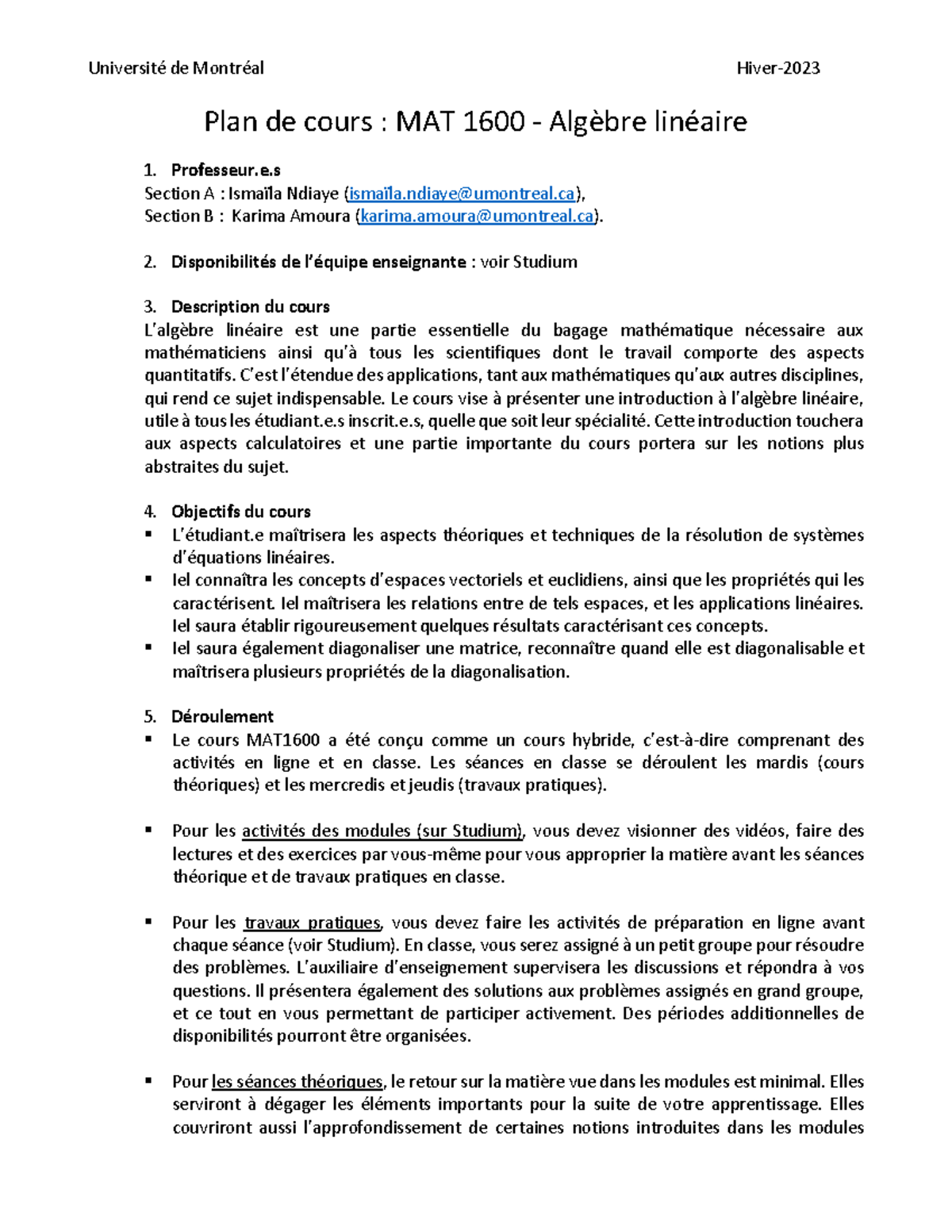 Plan de cours-mat 1600 H2023 - Plan de cours : MAT 1600 - Algèbre ...
