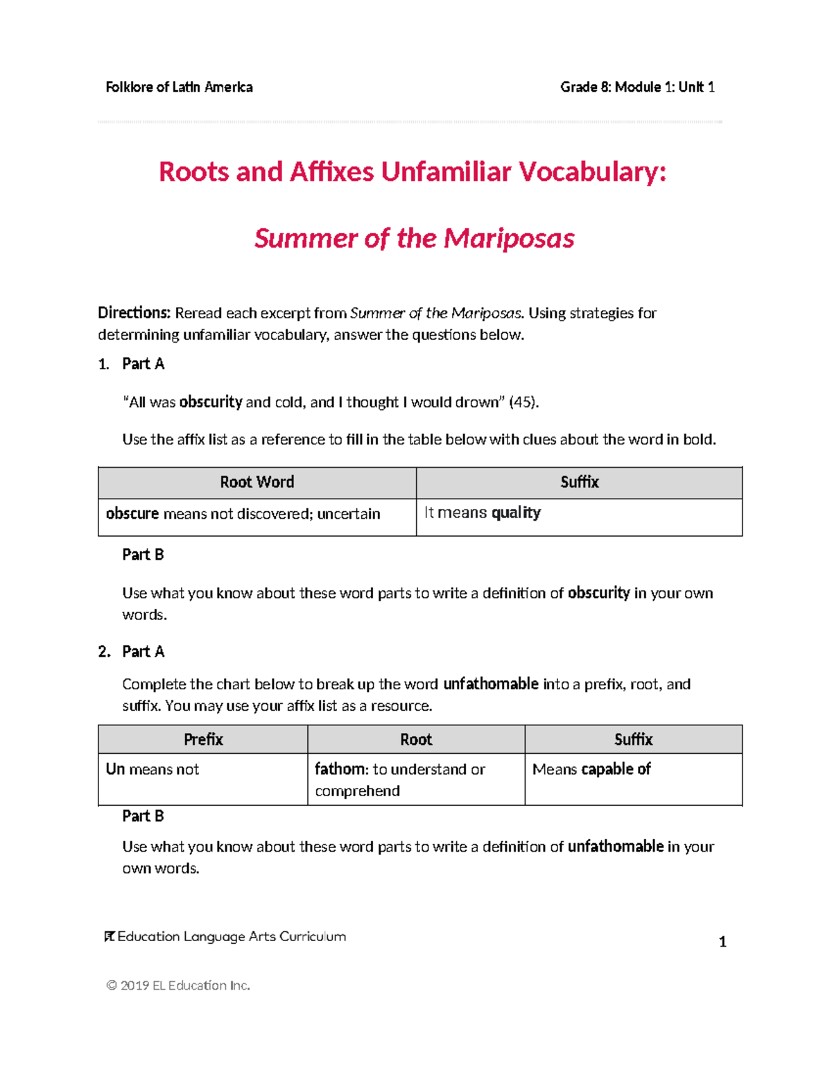 Copy of G8M1 Unit 1, Roots and Affixes Unfamiliar Vocabulary - Folklore ...