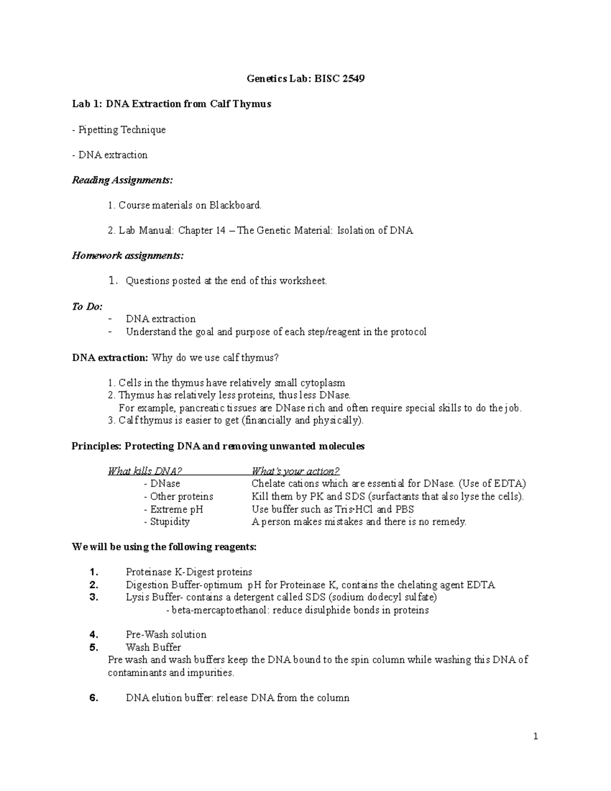 Genetics Lab 1 notes - Genetics Lab: BISC 2549 Lab 1: DNA Extraction ...