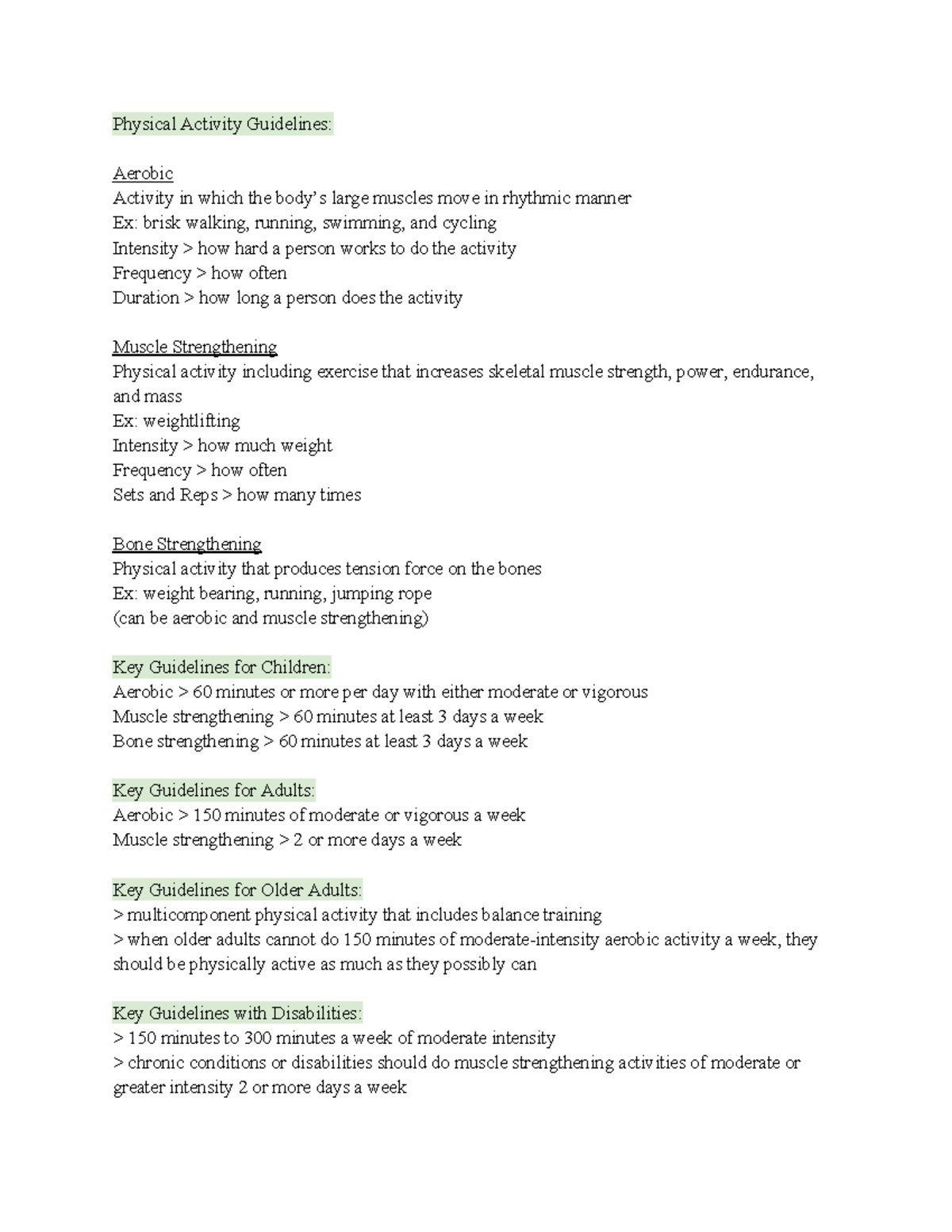 Lecture two - exam review - Physical Activity Guidelines: Aerobic ...