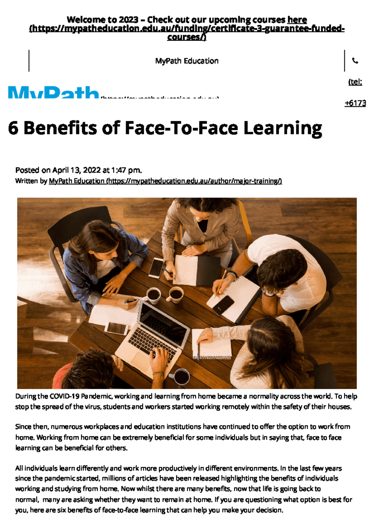 Article on benefits of face-to-face learning - Welcome to 2023 – Check ...