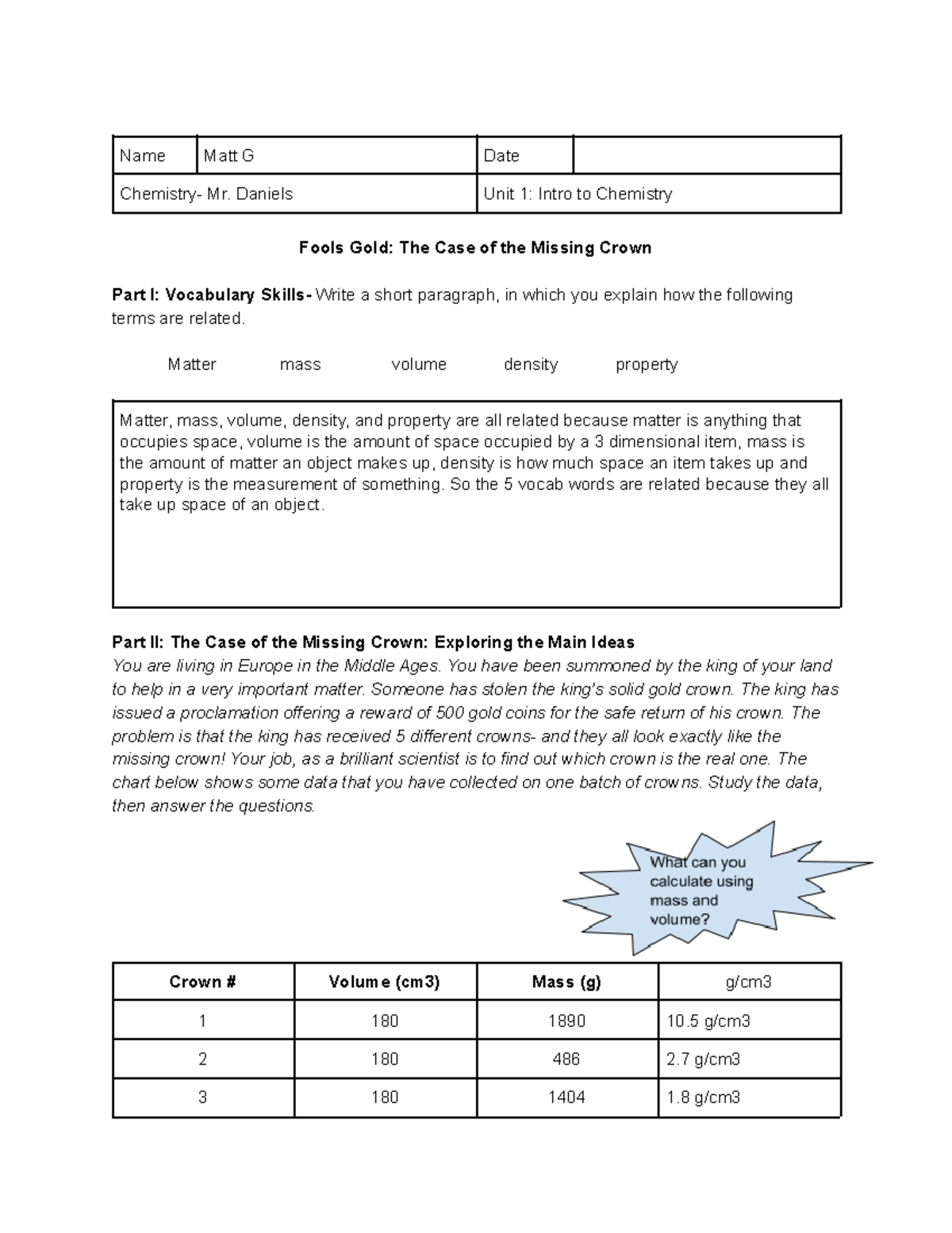 1.5b Fools Gold Density assignment - Name Matt G Date Chemistry- Mr ...