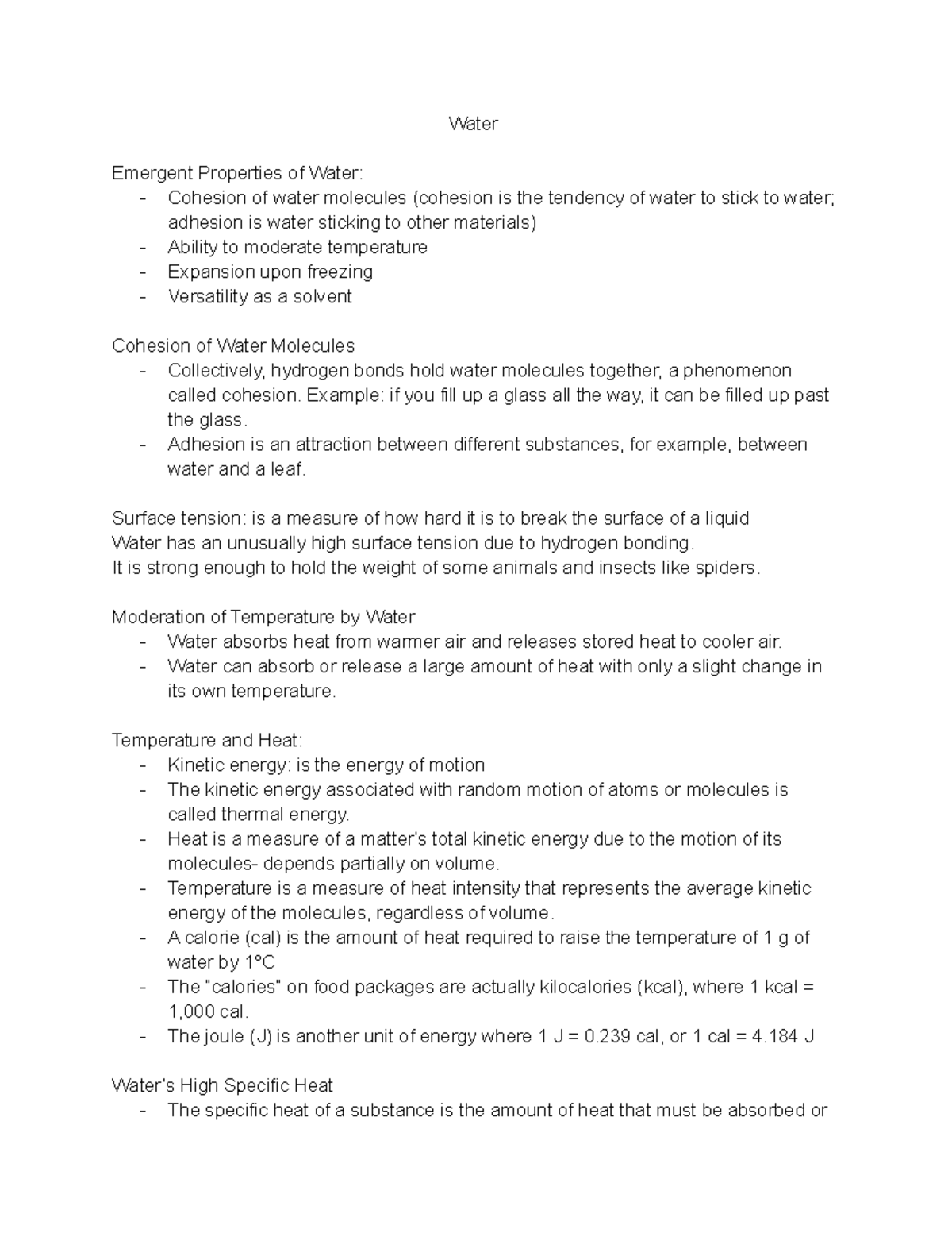 Water - biology notes - Water Emergent Properties of Water: - Cohesion ...