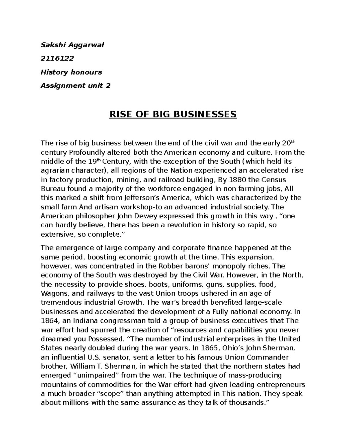 Usa assignment - Rise of big businesses - Sakshi Aggarwal 2116122 ...