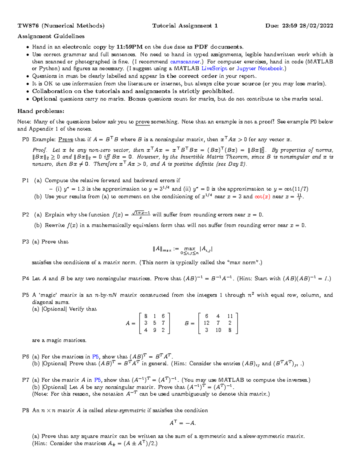 Tutorial 01 - Numerical methods - TW876 (Numerical Methods) Tutorial ...