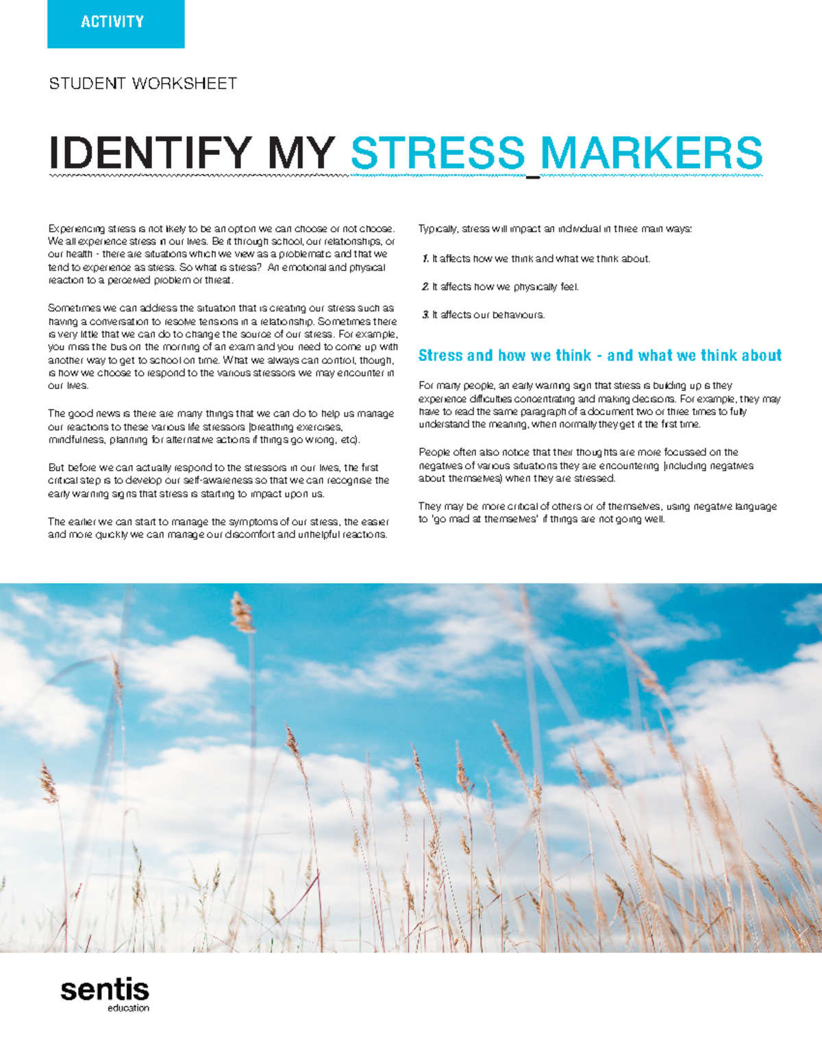 Identify My Stress Markers - Student Activity Sheet - IDENTIFY MY ...
