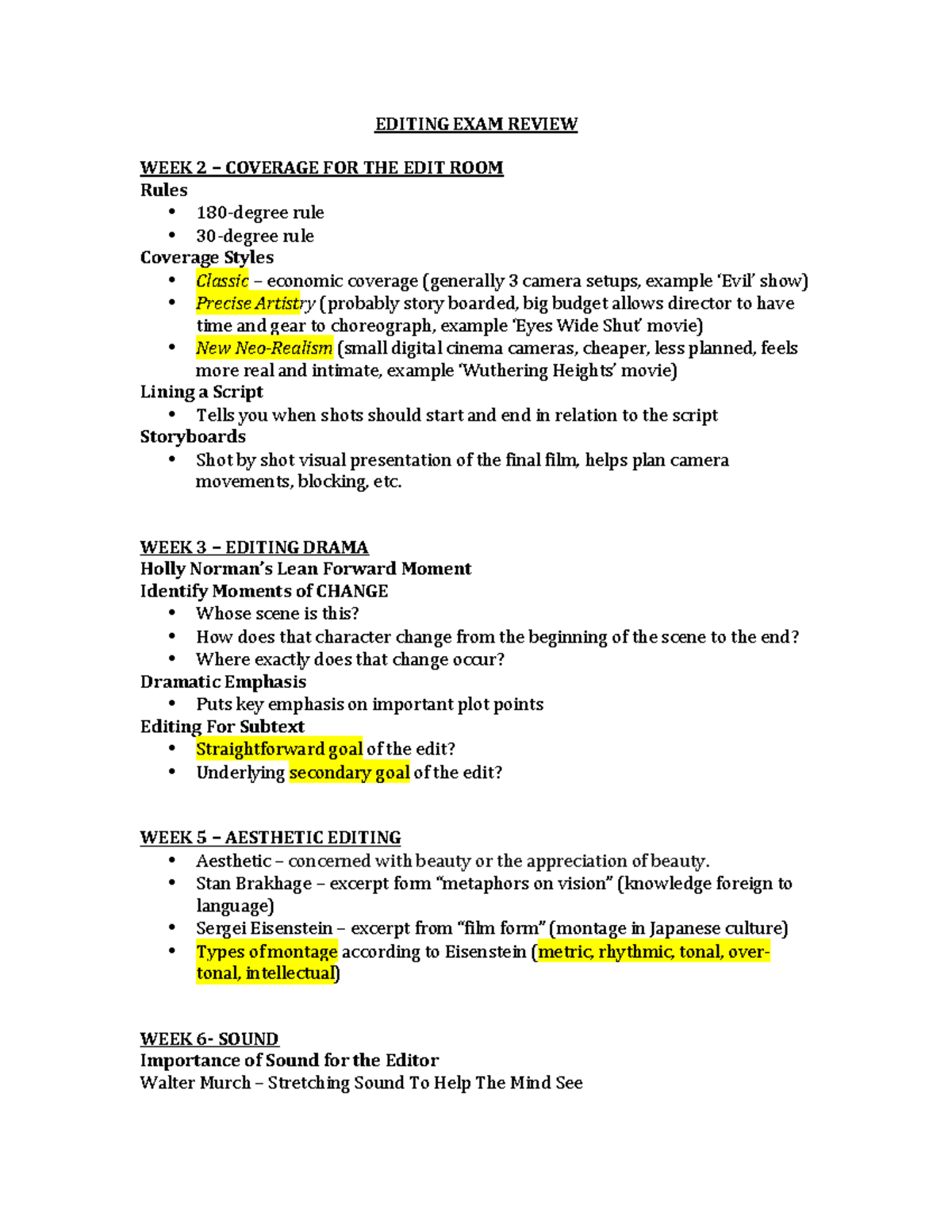 EXAM REVIEW study guide - EDITING EXAM REVIEW WEEK 2 – COVERAGE FOR THE ...